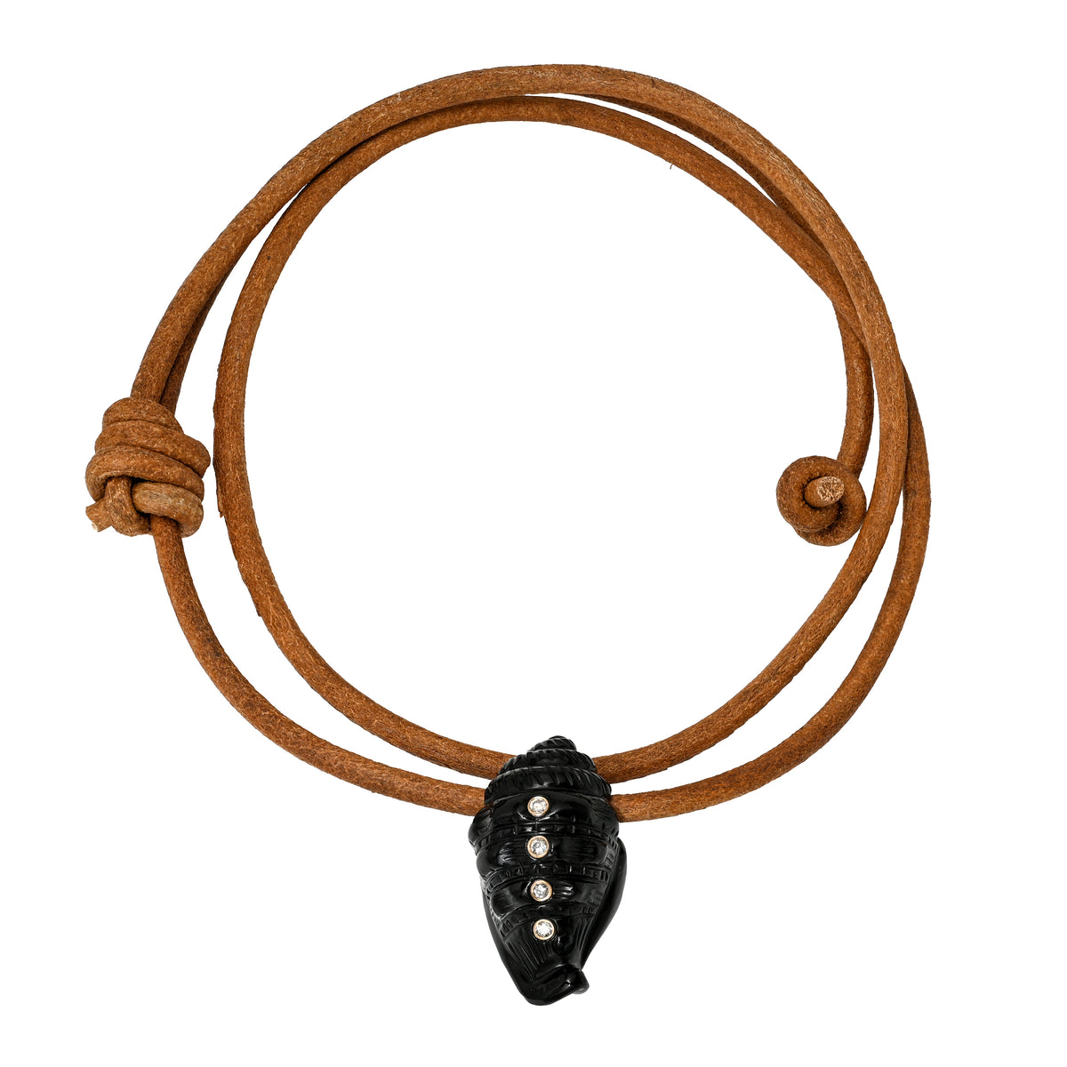 CLASSIC CARVED ONYX HELMET SHELL ON LEATHER CORD